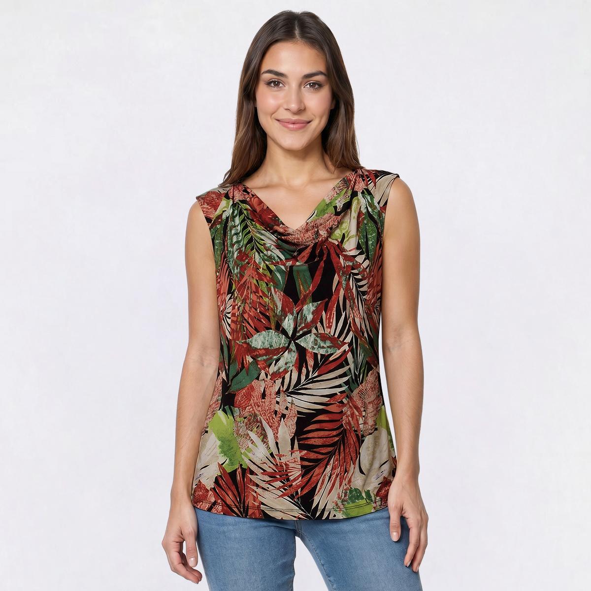 Click here for Womens Kasper Sleeveless Cowl Neck Tropical Leaf B... prices